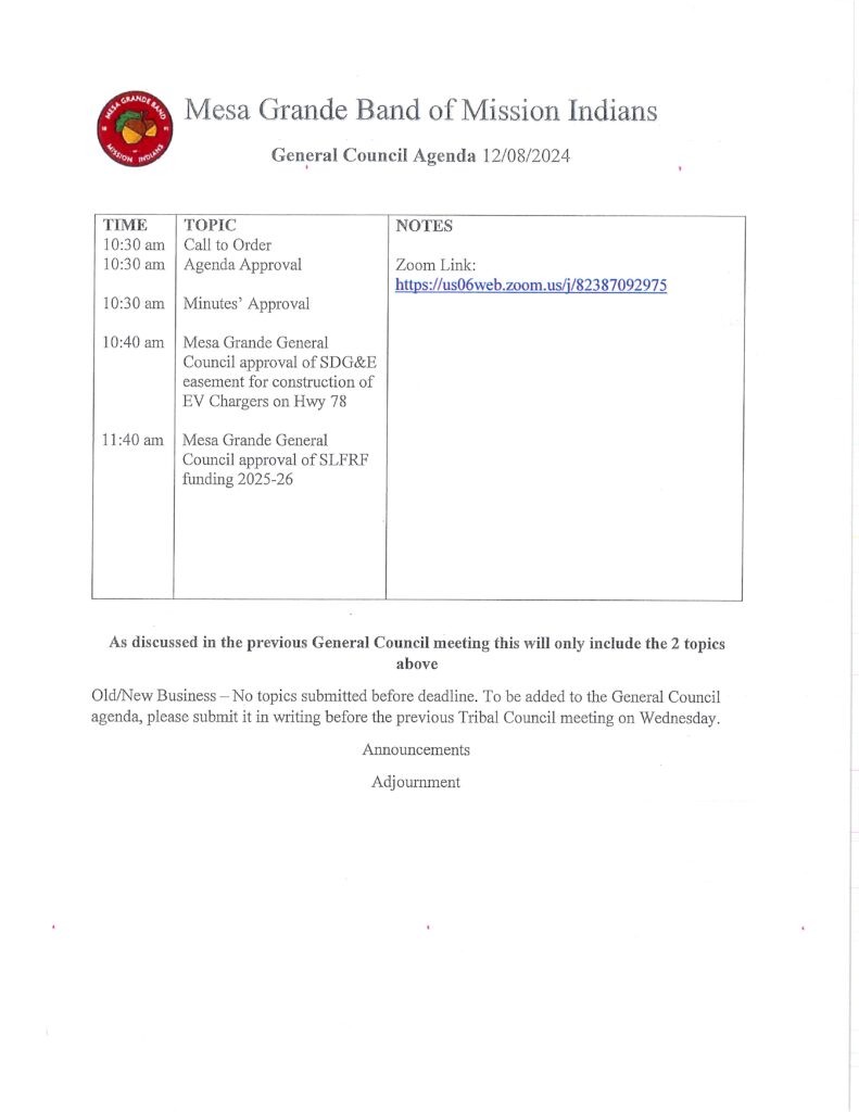 General Council Meeting Agenda - Mesa Grande
