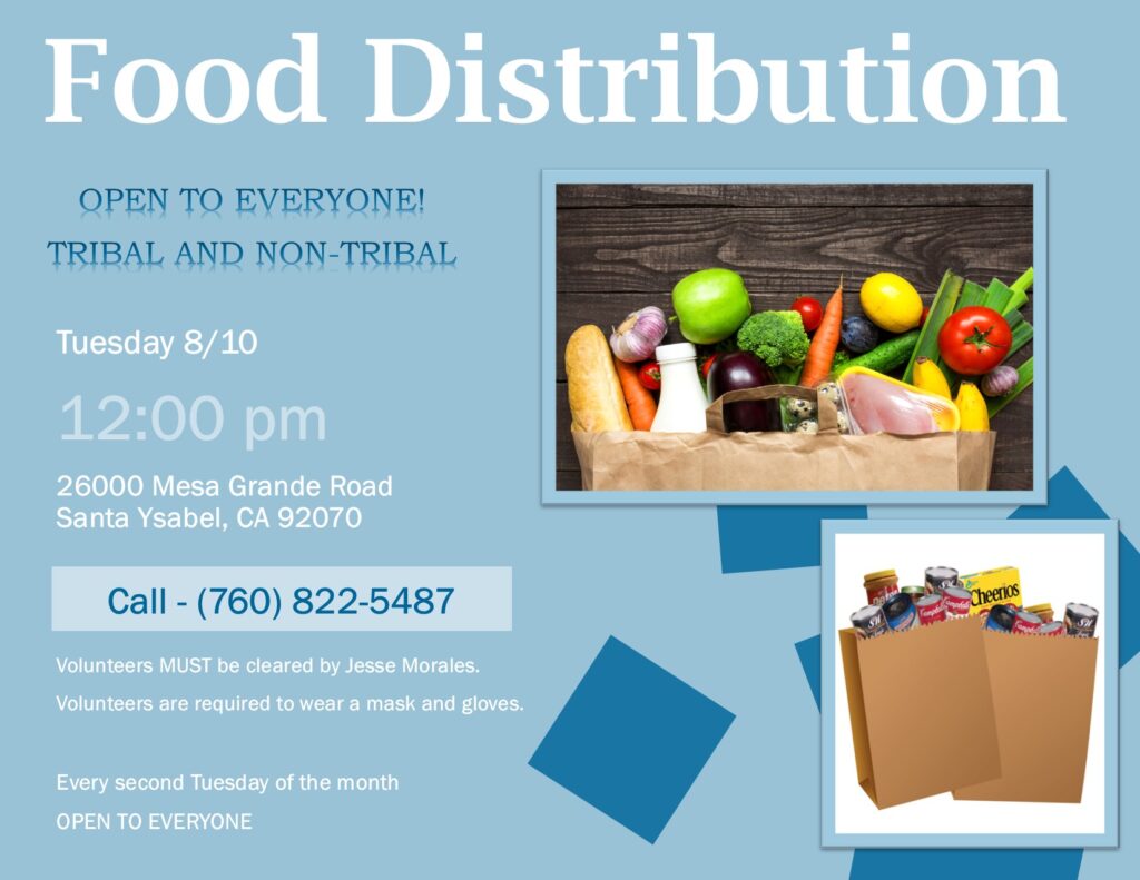 Food Distribution- 2nd Tuesday of each month at 12:00pm - Mesa Grande