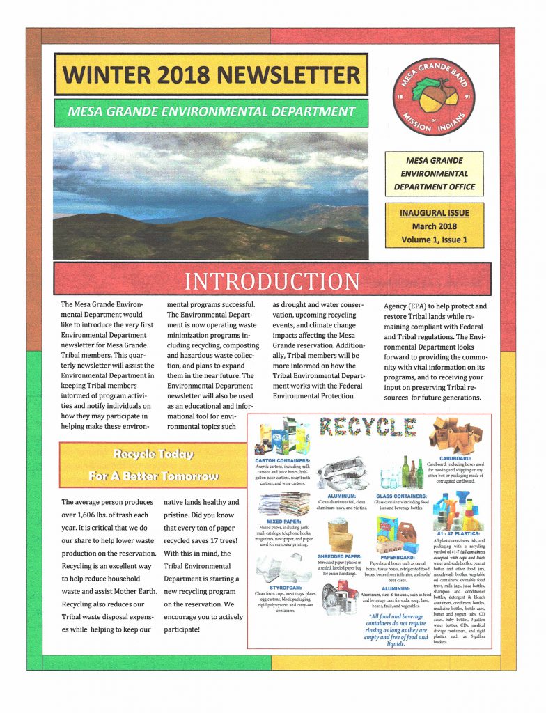 Winter 2018 Newsletter-Environmental Department - Mesa Grande